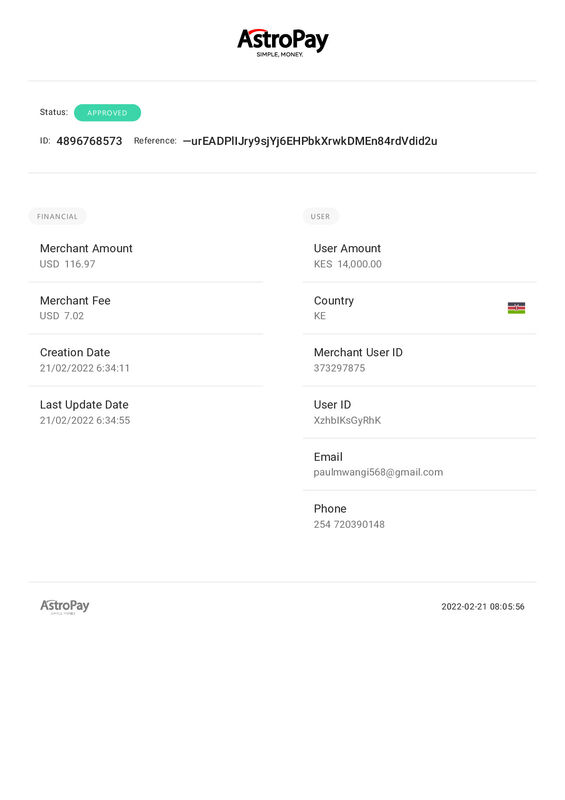 Astropay.com | Support@astropay.com | 07983 222751 | I had ksh 14000 in ...