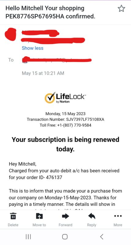 (807) 770-9584 | Norton Lifelock scam email | 1 report