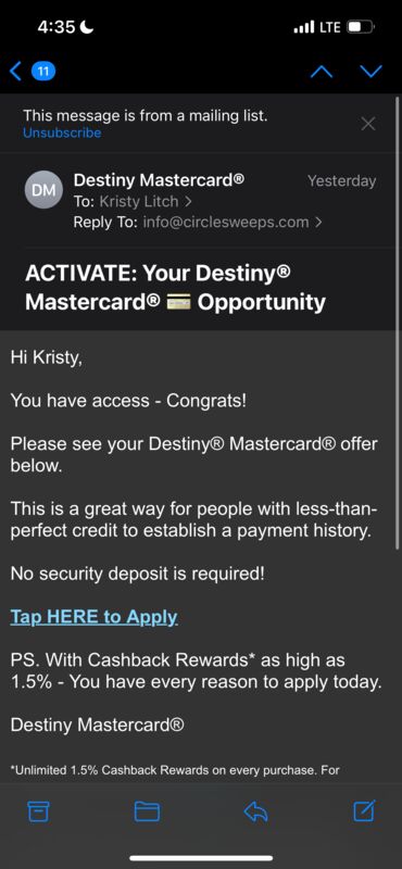 Info@circlesweeps.com | Destiny Mastercard | 1 report | 1 comment